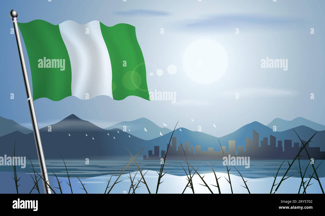 Nigeria flag with sun background of mountains and lakes Stock Vector ...