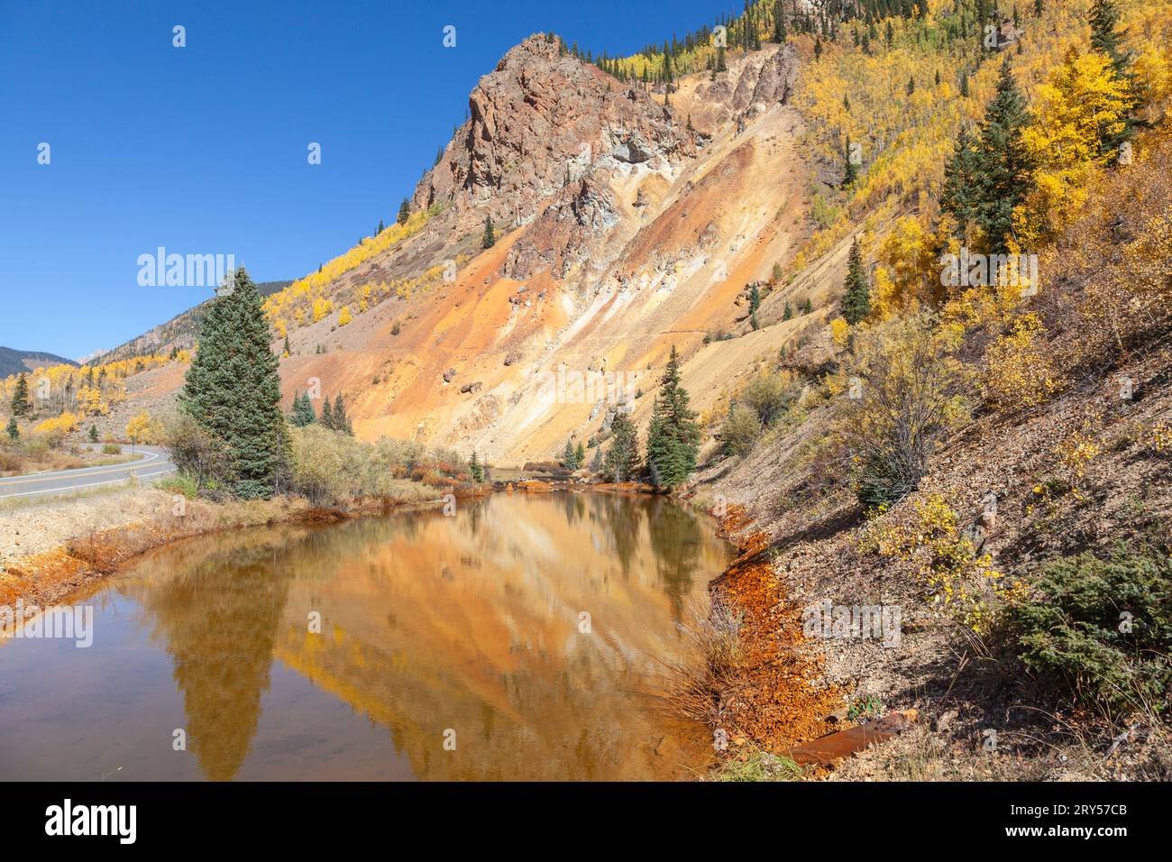 Reflections in lake with autumn color just north of Silverton, along ...