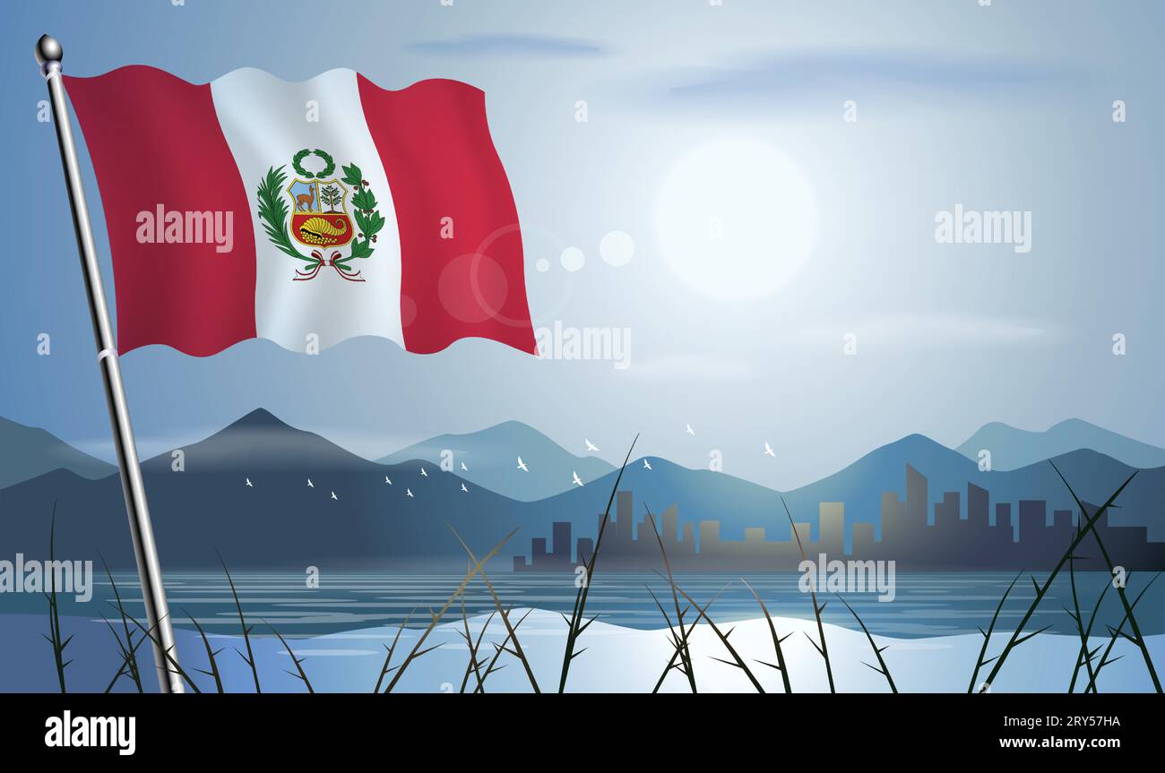 Peru flag with sun background of mountains and lakes Stock Vector Image ...