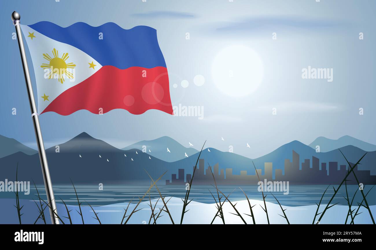 Philippines flag with sun background of mountains and lakes Stock ...