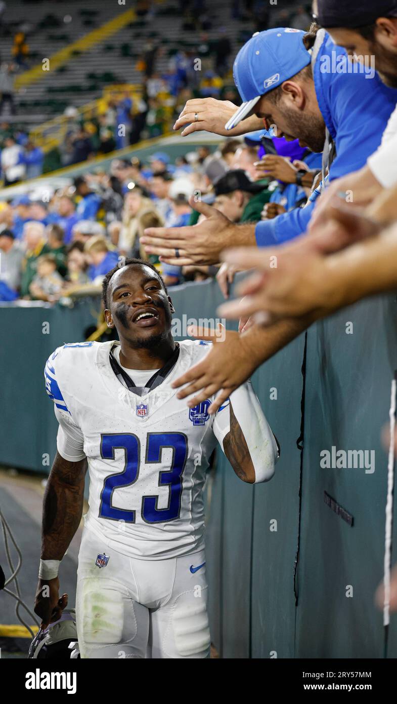 Detroit Lions cornerback Jerry Jacobs (23) reacts at the end of a NFL ...