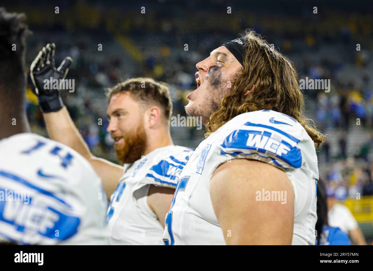 Detroit Lions offensive tackle Colby Sorsdal (75) reacts at the end of ...