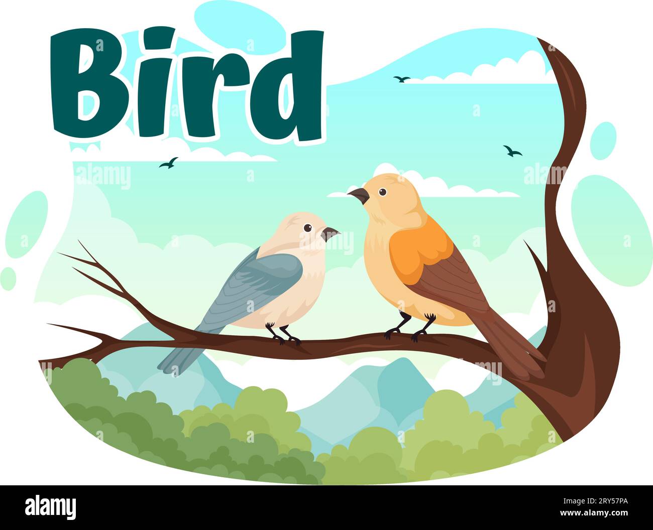 Bird Animal Vector Illustration with Birds on Tree Roots and Sky as ...