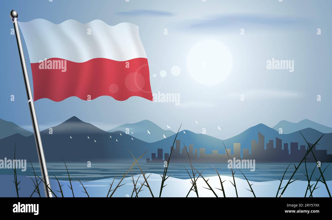Poland flag with sun background of mountains and lakes Stock Vector ...
