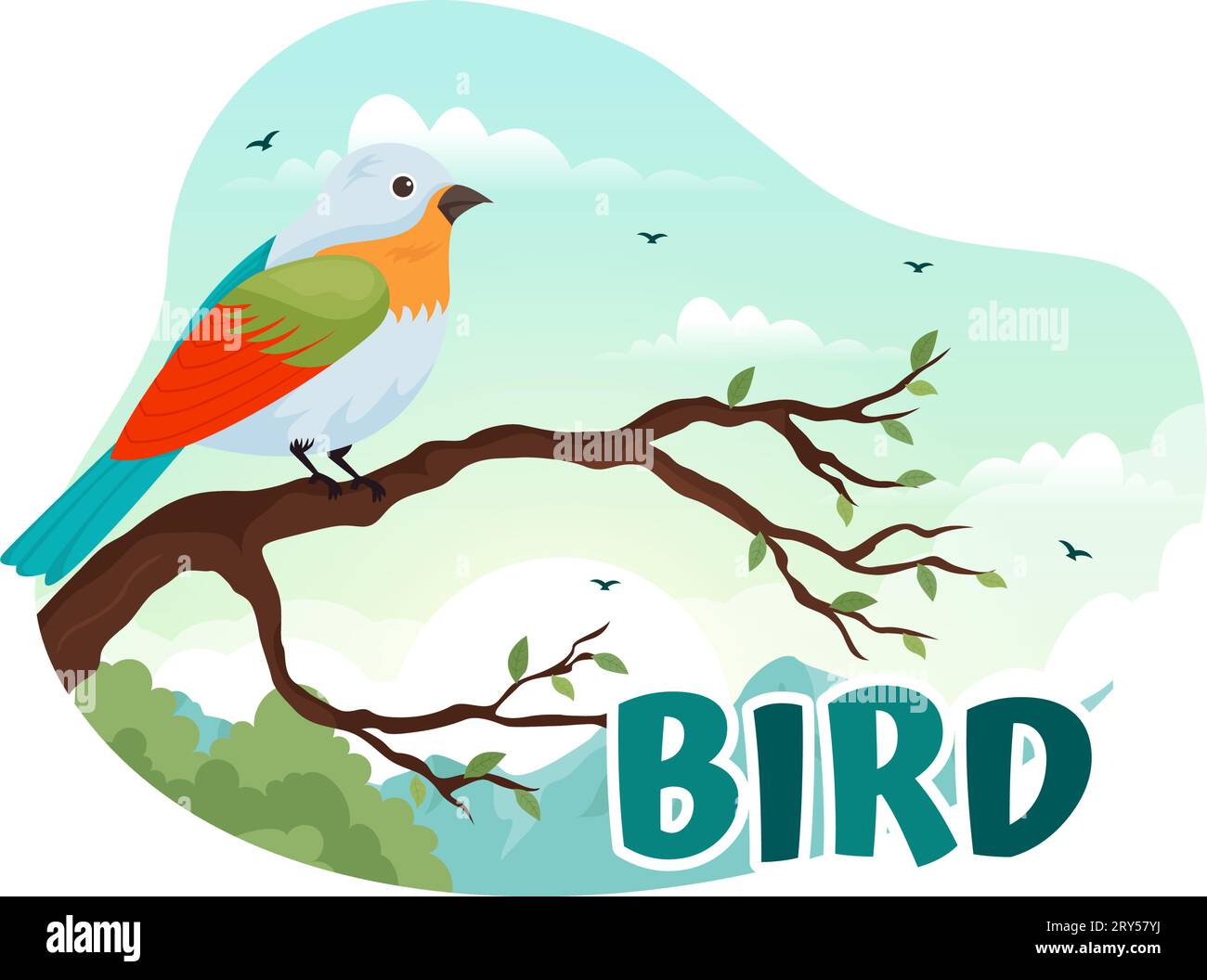 Bird Animal Vector Illustration with Birds on Tree Roots and Sky as ...