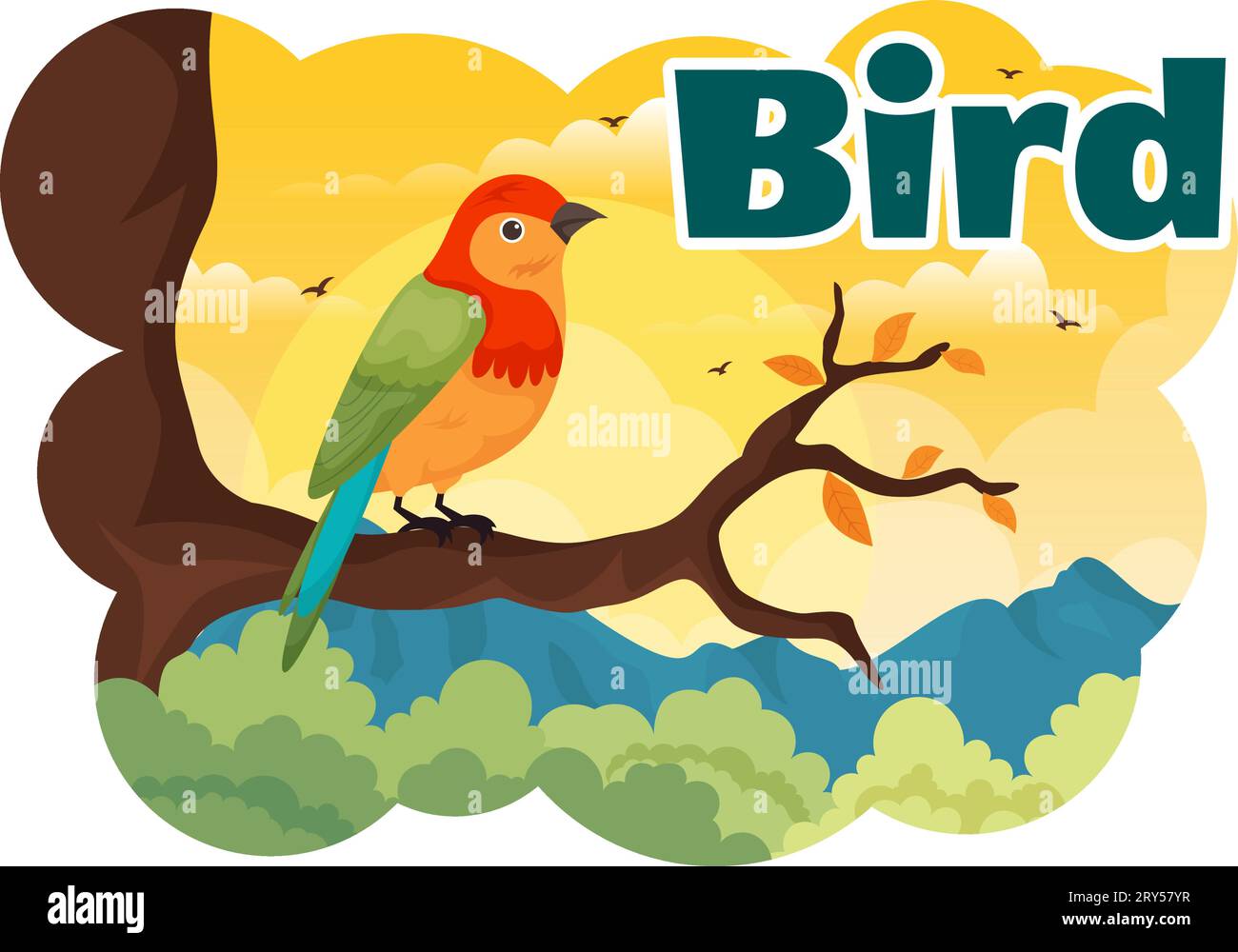 Bird Animal Vector Illustration with Birds on Tree Roots and Sky as ...