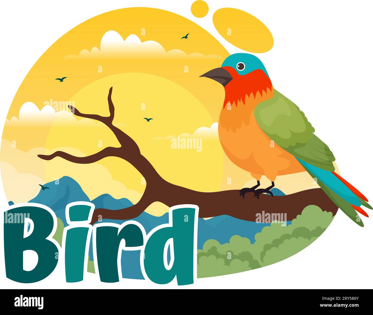 Bird Animal Vector Illustration with Birds on Tree Roots and Sky as ...