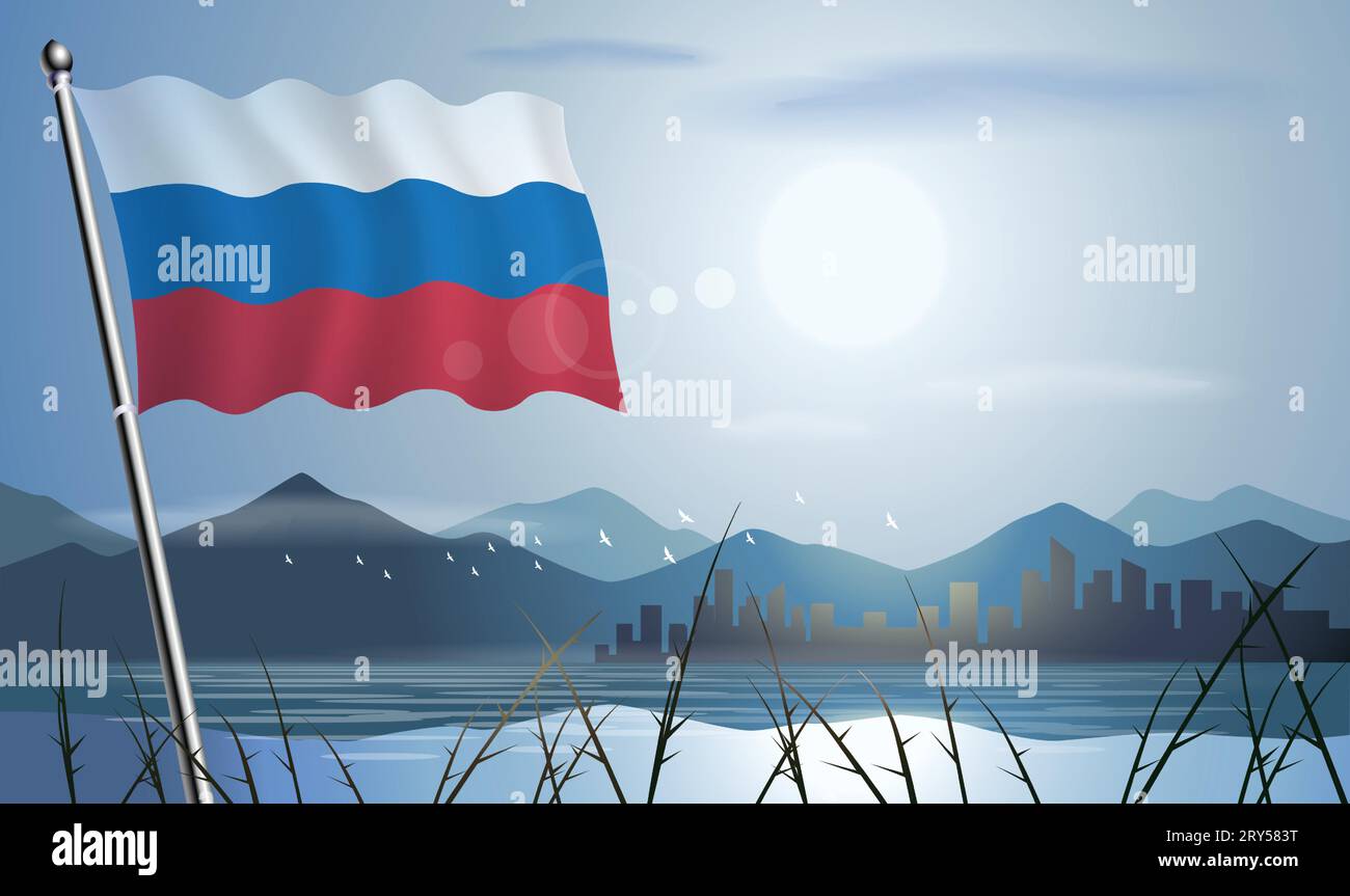 Russian flag with sun background of mountains and lakes Stock Vector ...