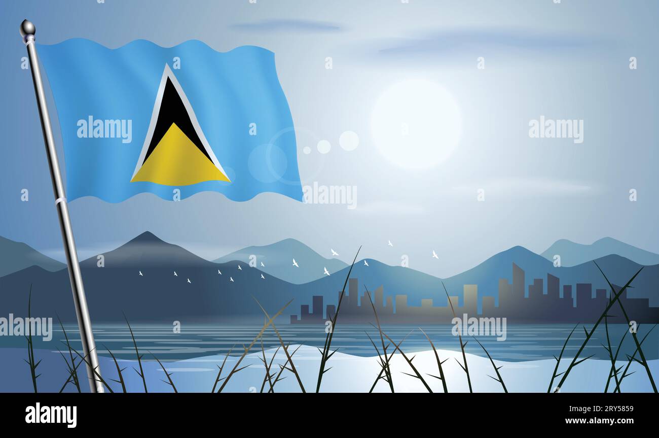 ST. Lucia flag with sun background of mountains and lakes Stock Vector ...