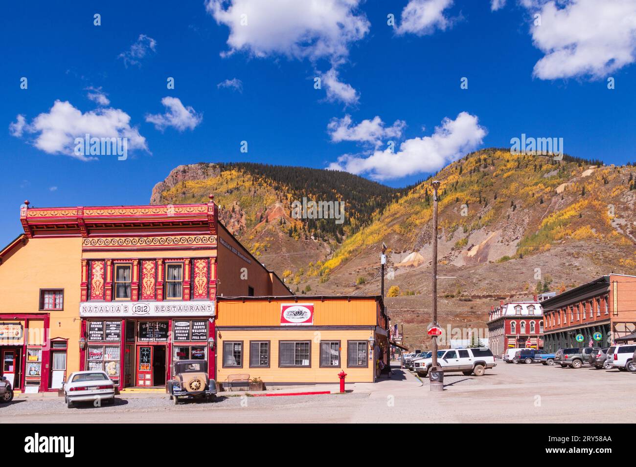 Colorful historic buidlings in the old mining town of Silverton ...