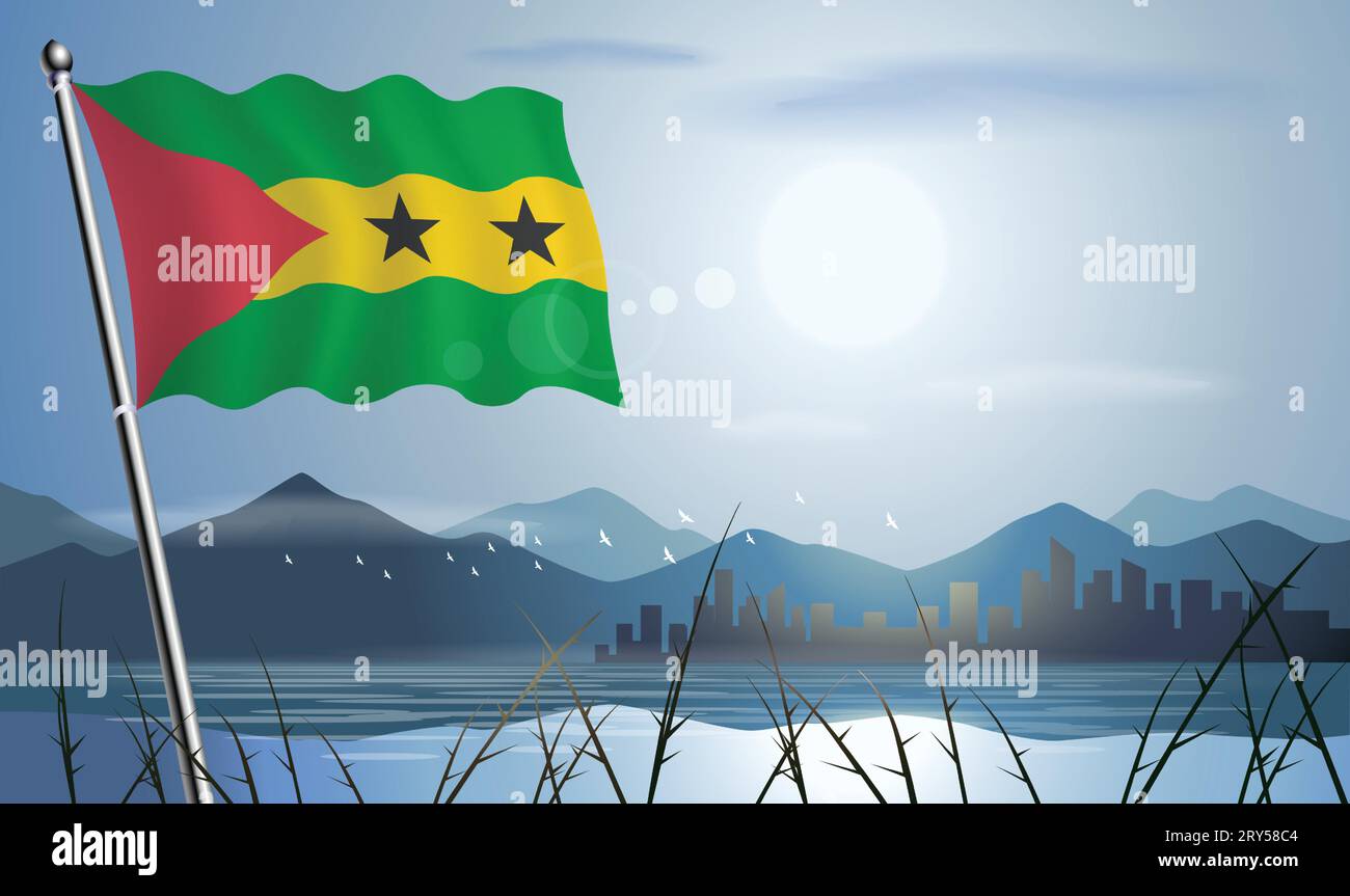 Sao Tome and Principe flag with sun background of mountains and lakes ...