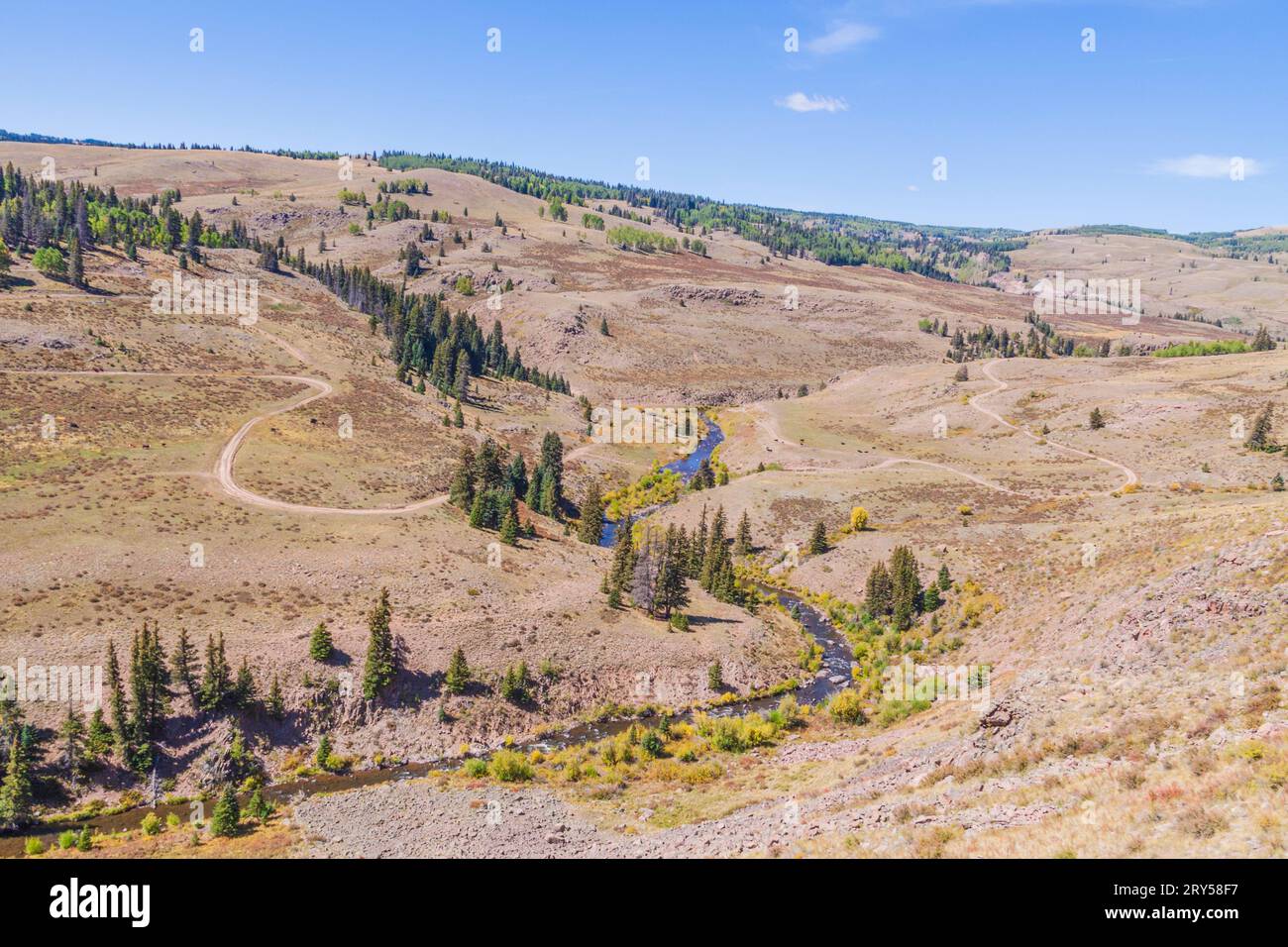 View of Los Pinos River from the Cumbres and Toltec Narrow Gauge train ...