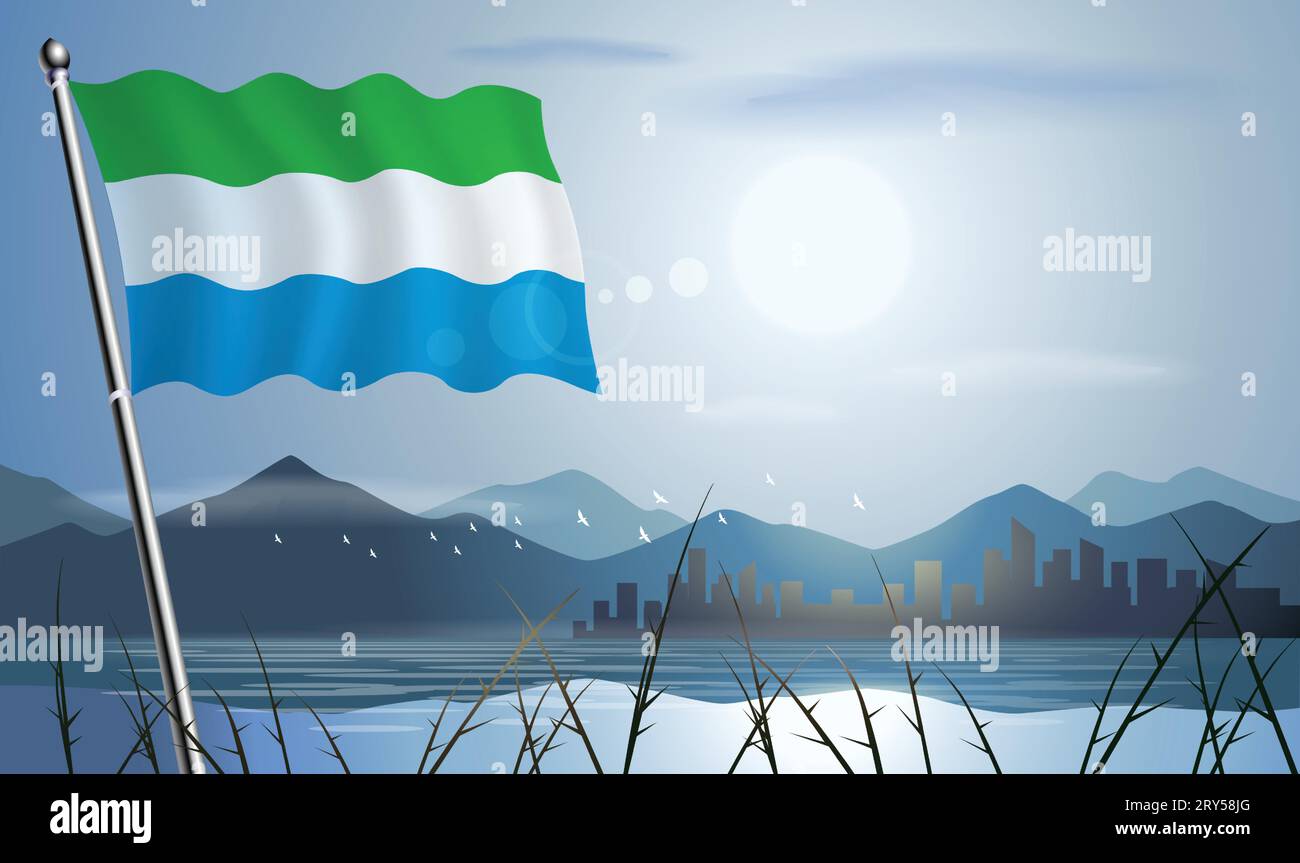 Sierra Leone flag with sun background of mountains and lakes Stock ...