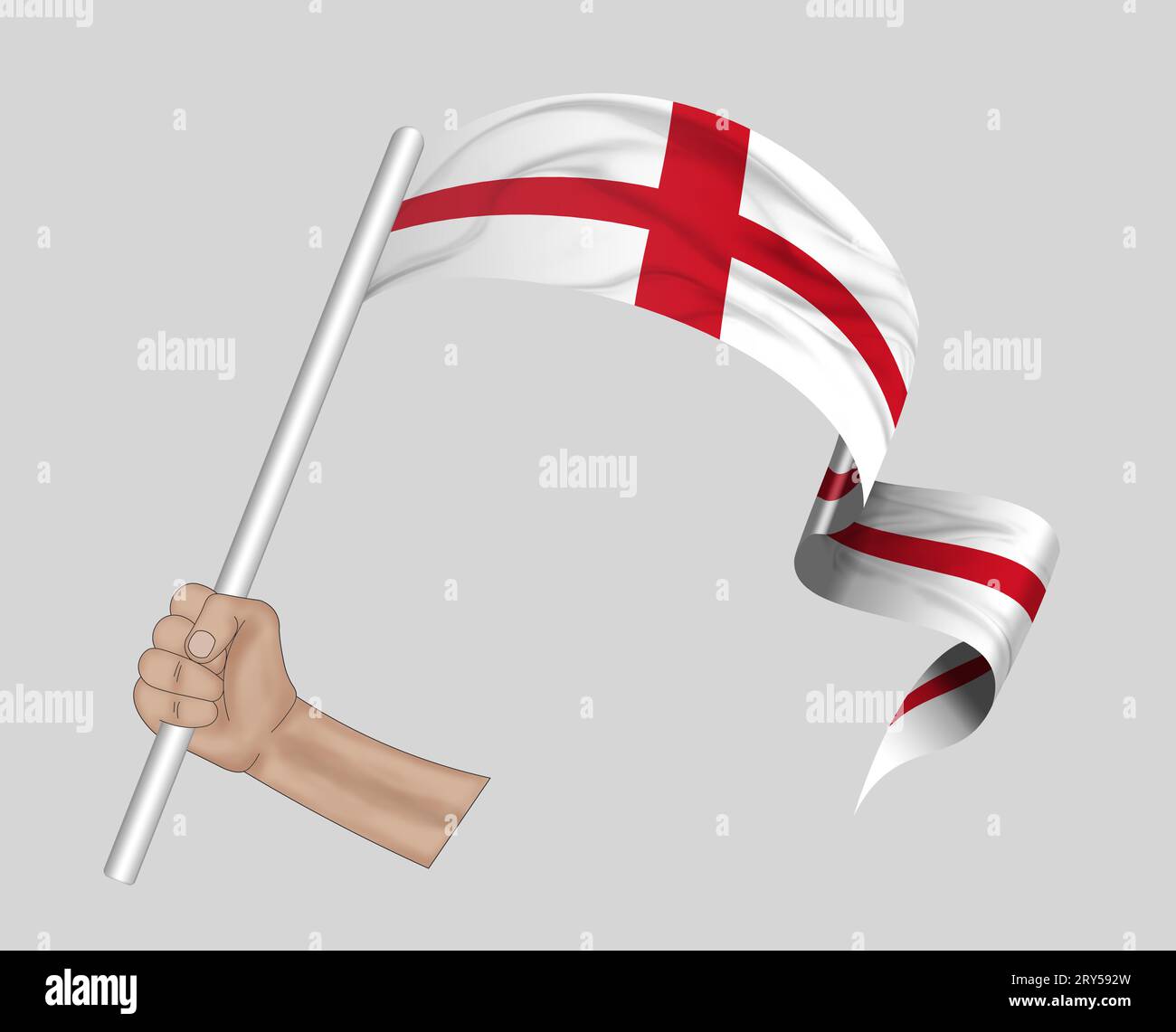 3D illustration. Hand holding flag of England on a fabric ribbon ...