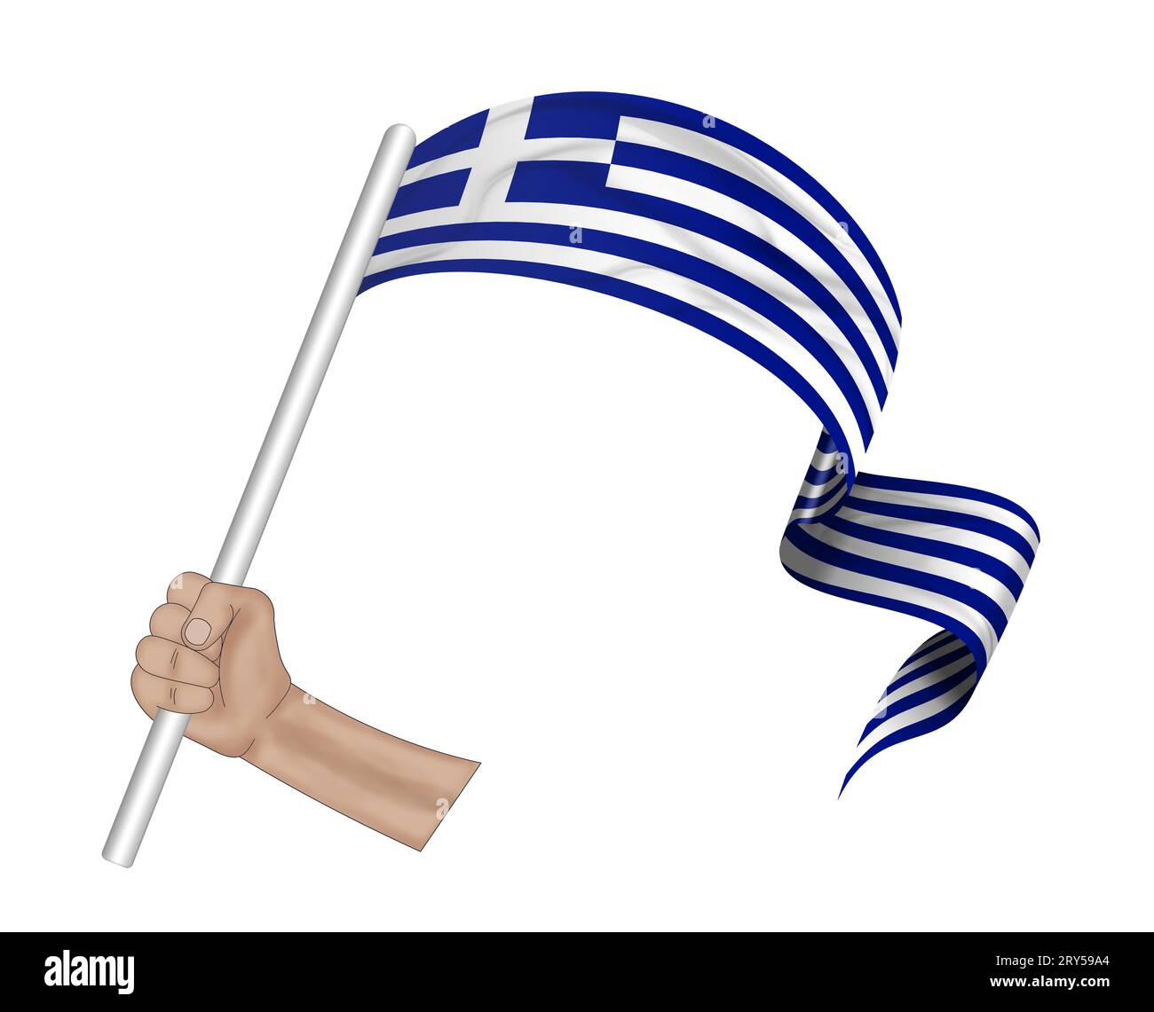 3D illustration. Hand holding flag of Greece on a fabric ribbon ...