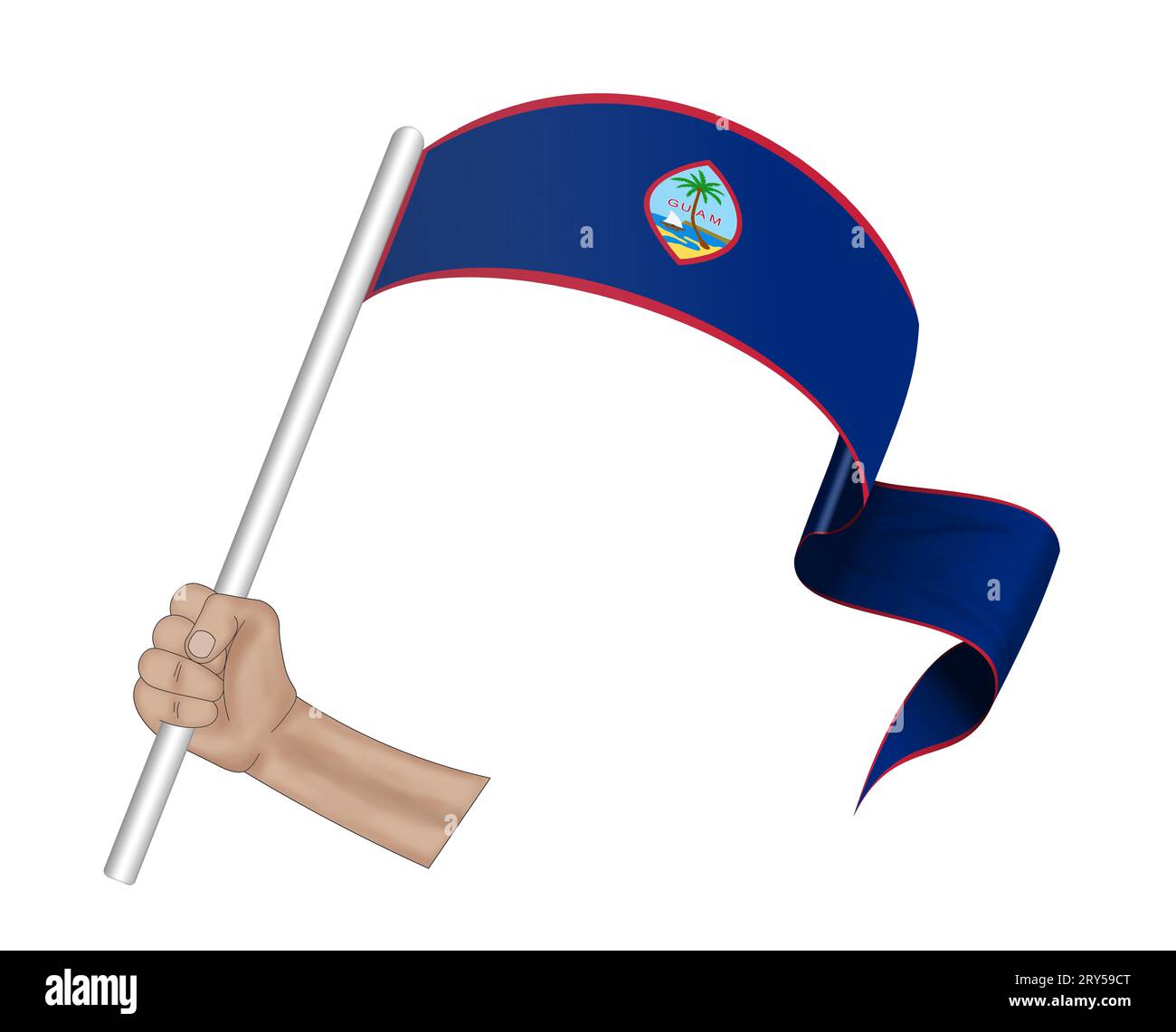 3D illustration. Hand holding flag of Guam on a fabric ribbon ...
