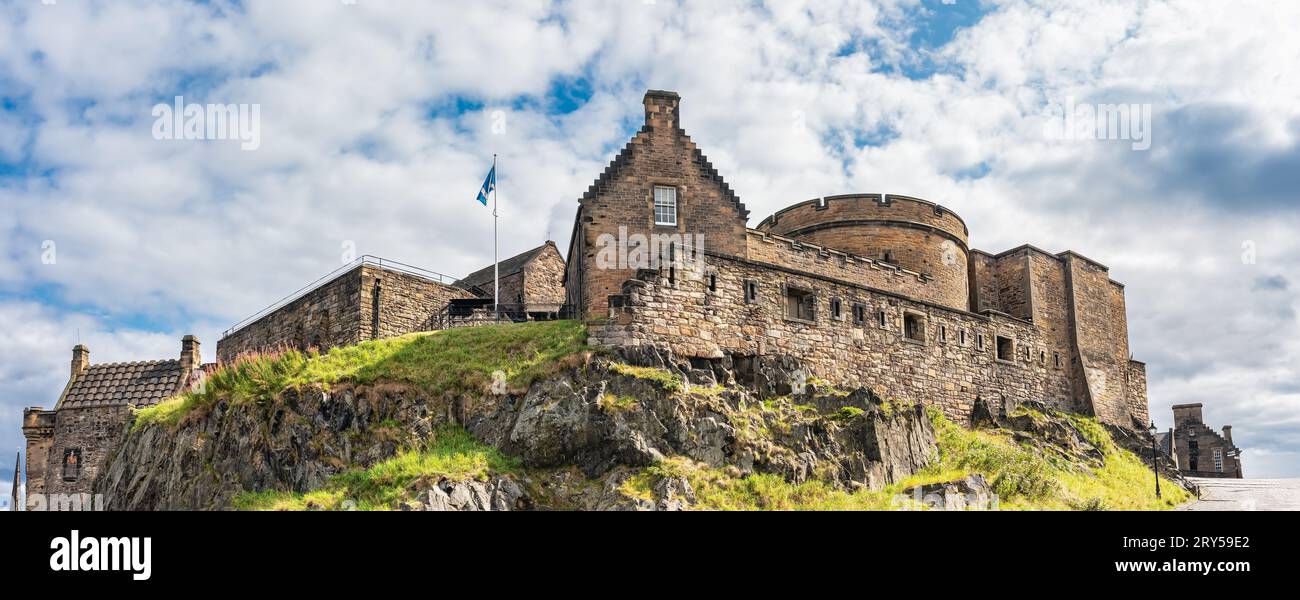 Panoramic view of ancient stone buildings in the medieval castle of ...