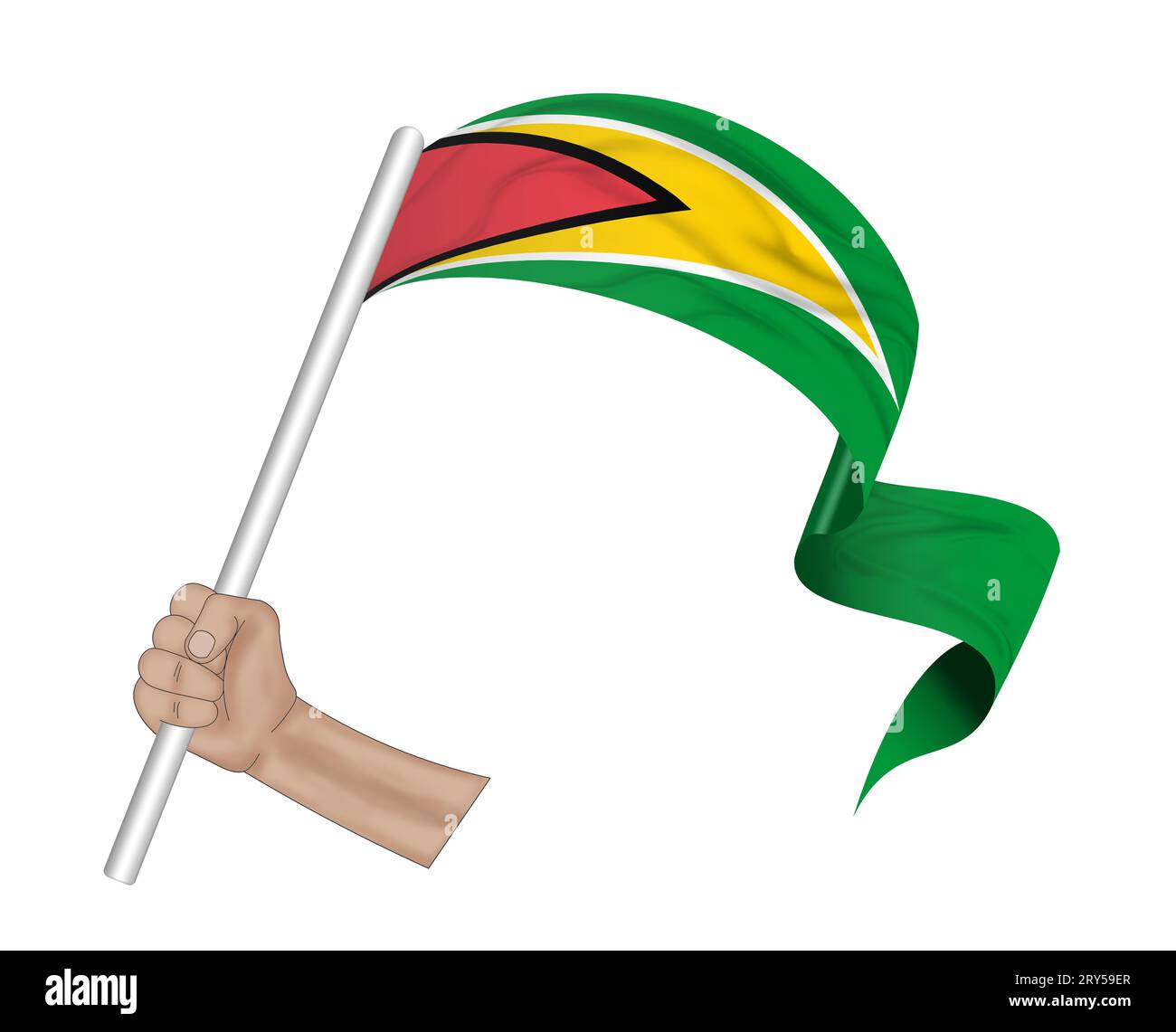 3D illustration. Hand holding flag of Guyana on a fabric ribbon ...