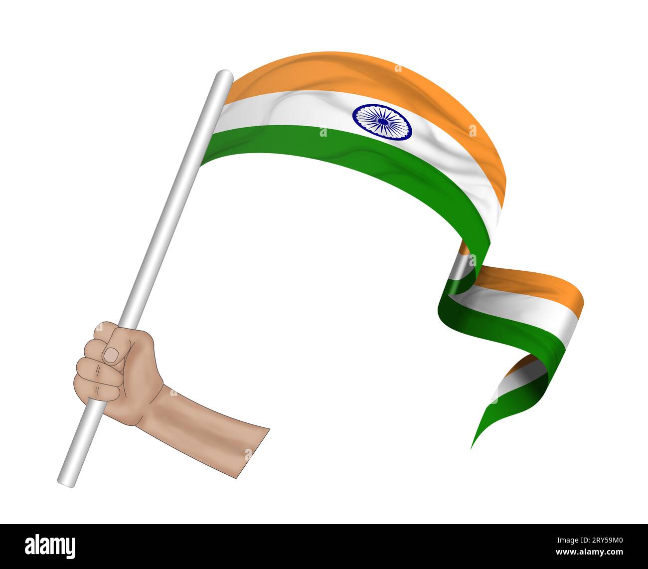 3D illustration. Hand holding flag of India on a fabric ribbon ...