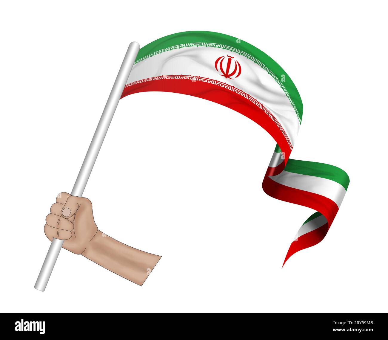3D illustration. Hand holding flag of Iran on a fabric ribbon ...