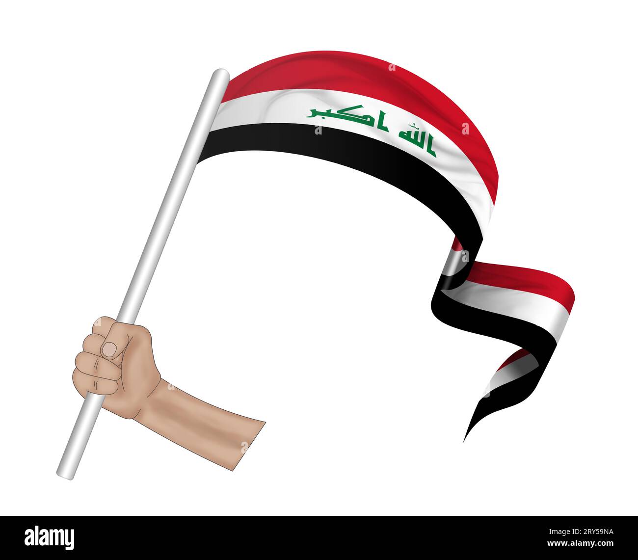 3D illustration. Hand holding flag of Iraq on a fabric ribbon ...