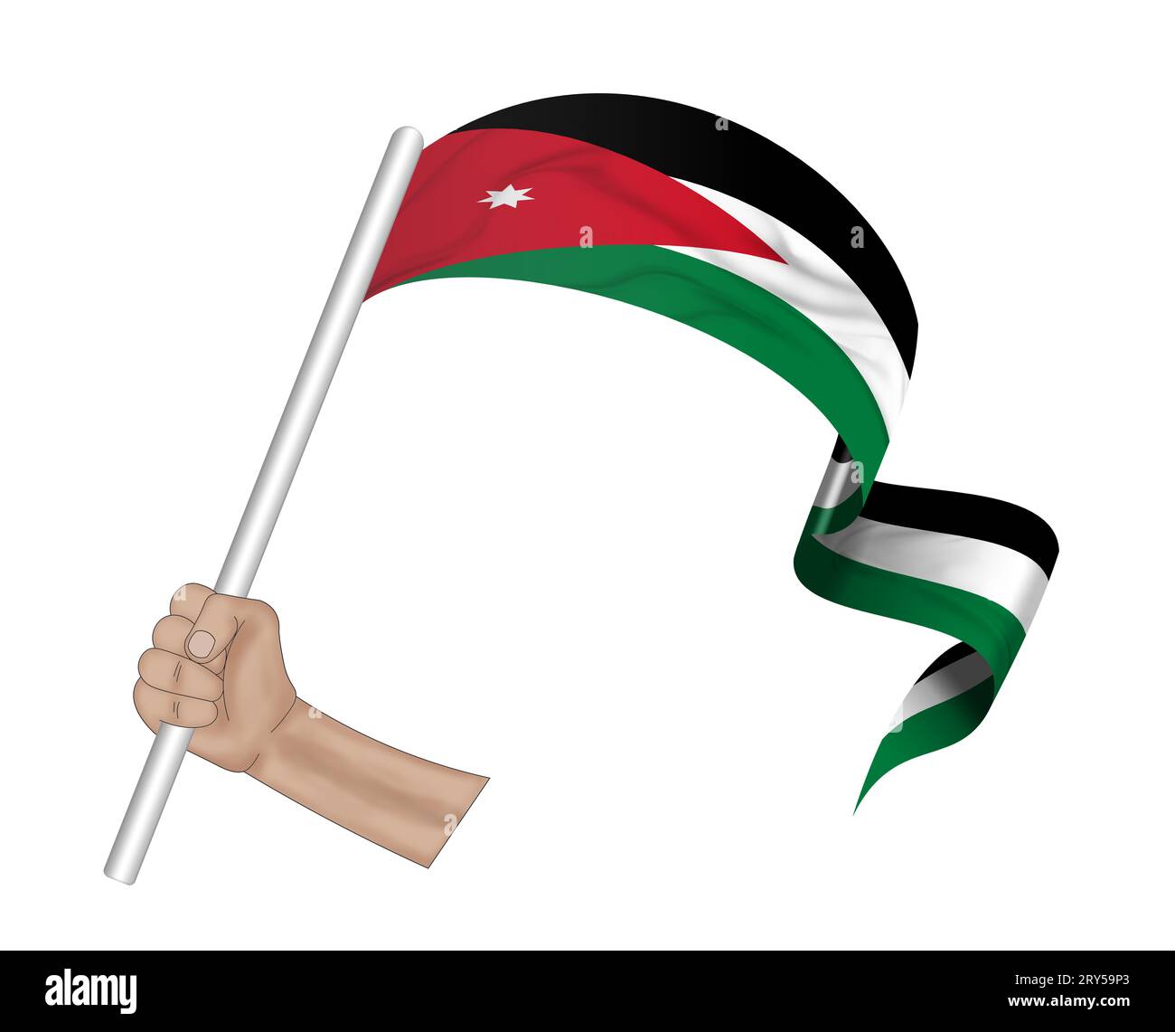 3D illustration. Hand holding flag of Jordan on a fabric ribbon ...
