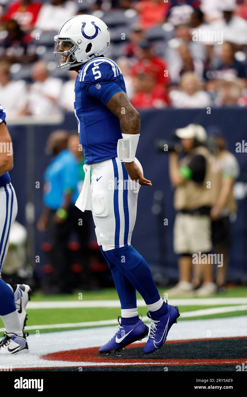 Indianapolis Colts quarterback Anthony Richardson (5) reacts during an ...