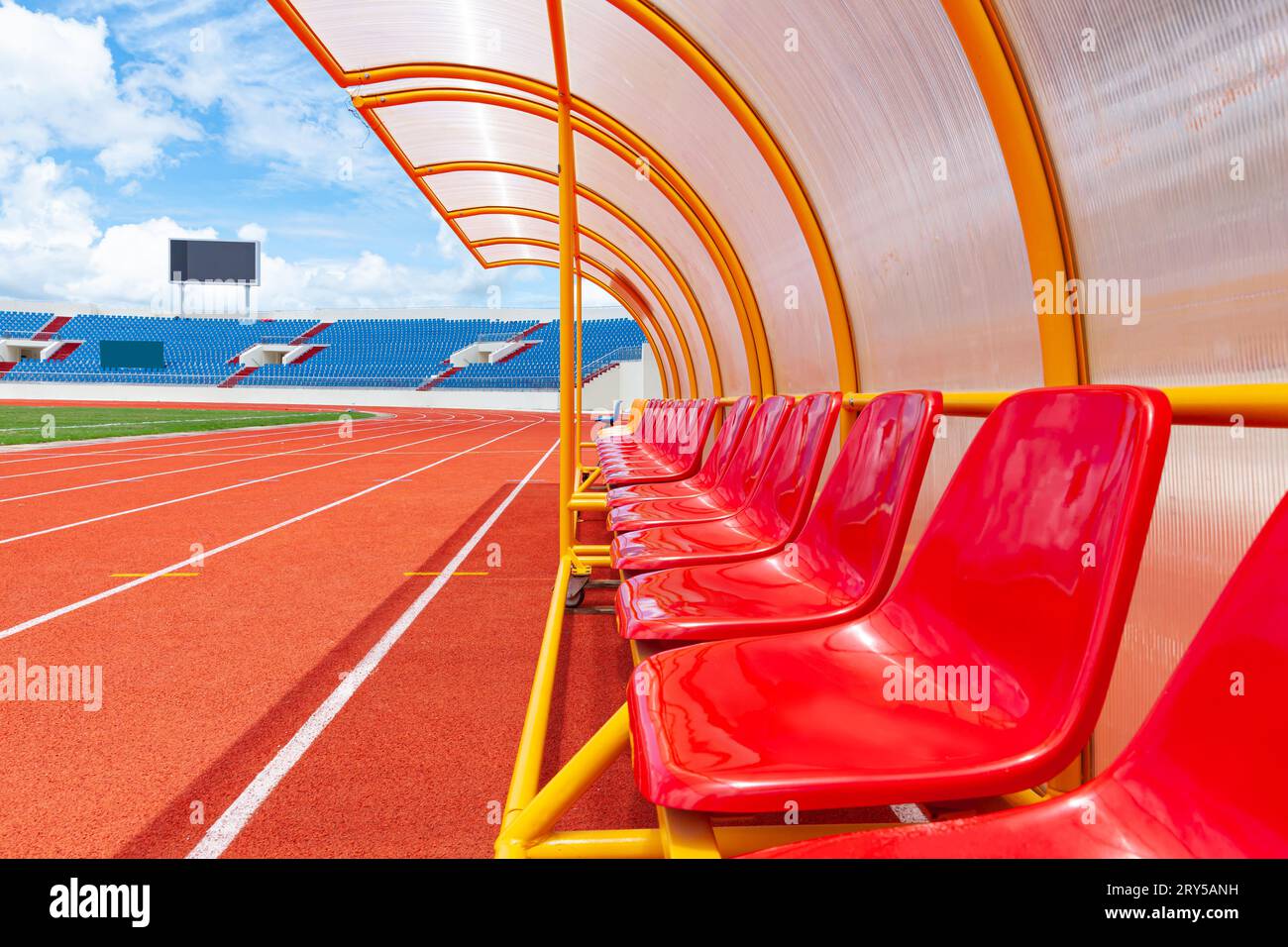 Da Lat city, Vietnam, July 5 2023: Red reserve chair bench for staff ...