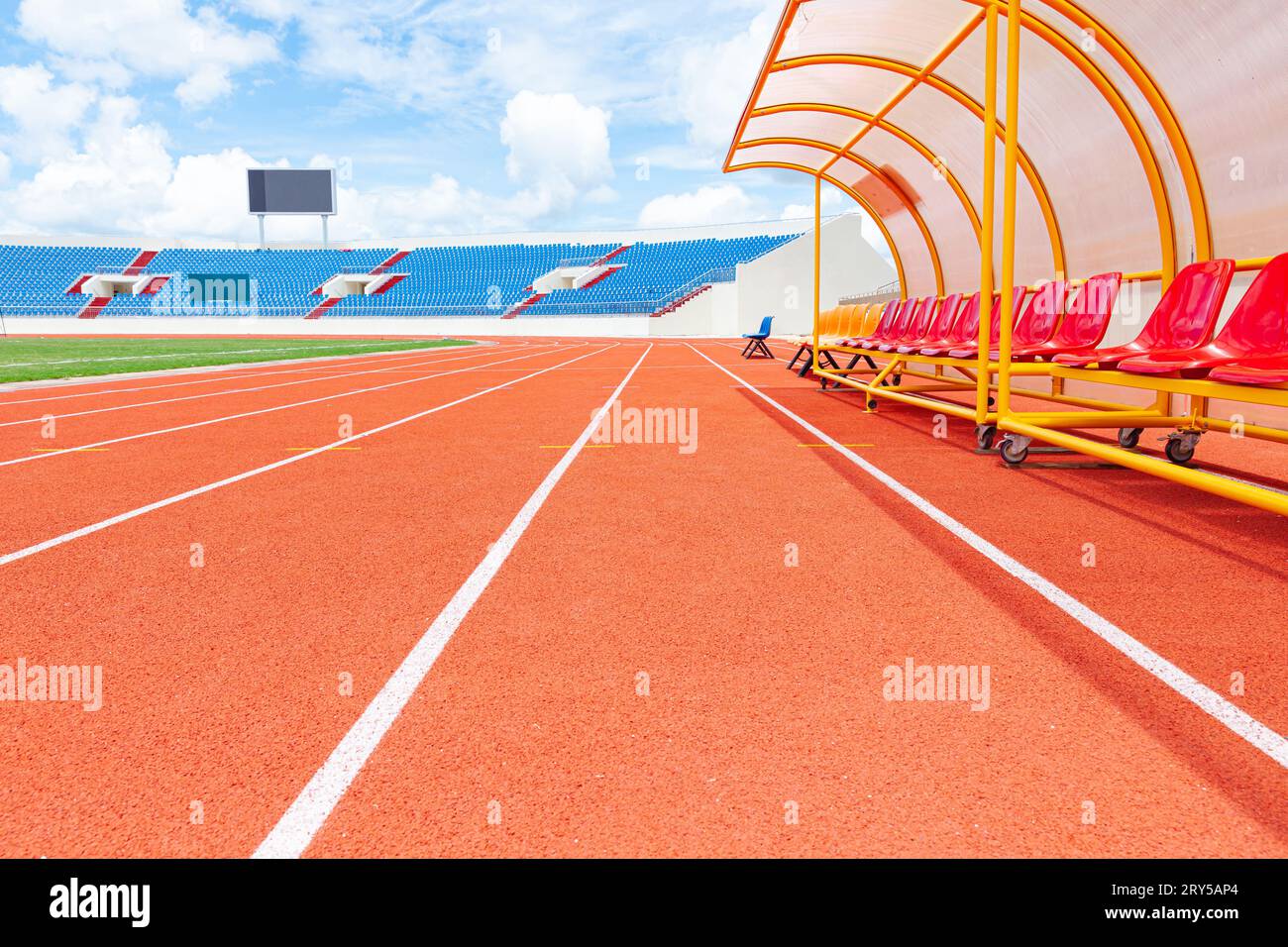 Da Lat city, Vietnam, July 5 2023: Red reserve chair bench for staff ...