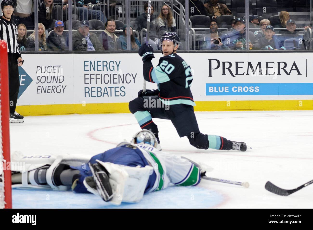 Seattle Kraken right wing Eeli Tolvanen (20) scores against Vancouver ...