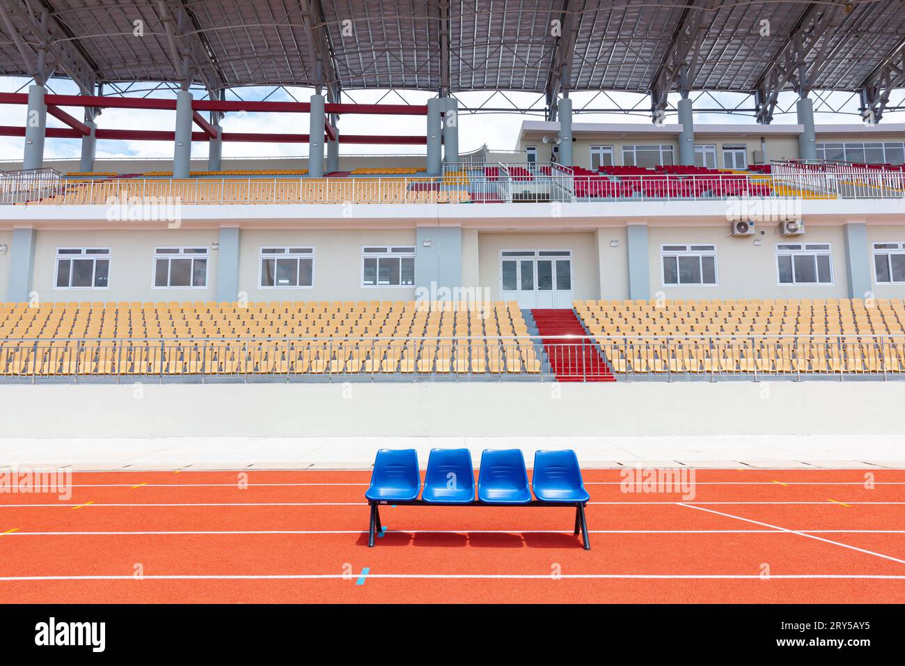 Da Lat city, Vietnam, July 5 2023: Blue reserve chair bench for staff ...