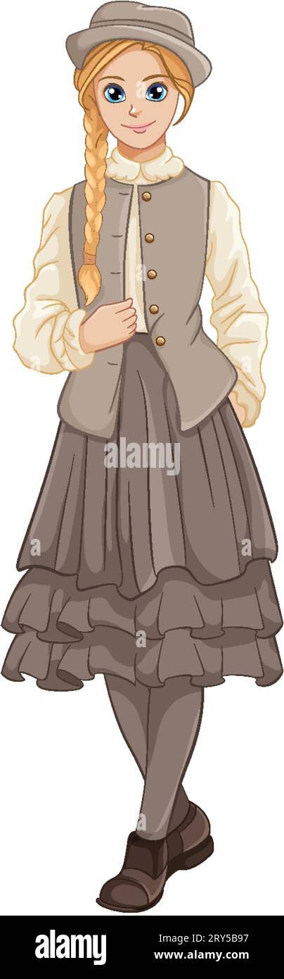 A beautiful woman wearing a classic vintage outfit in a vector cartoon ...