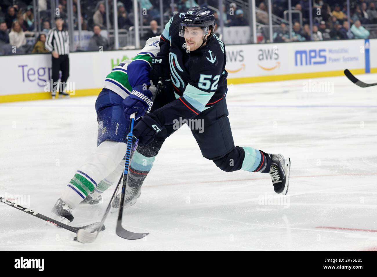 Seattle Kraken forward Tye Kartye (52) shoots on goal as Vancouver ...