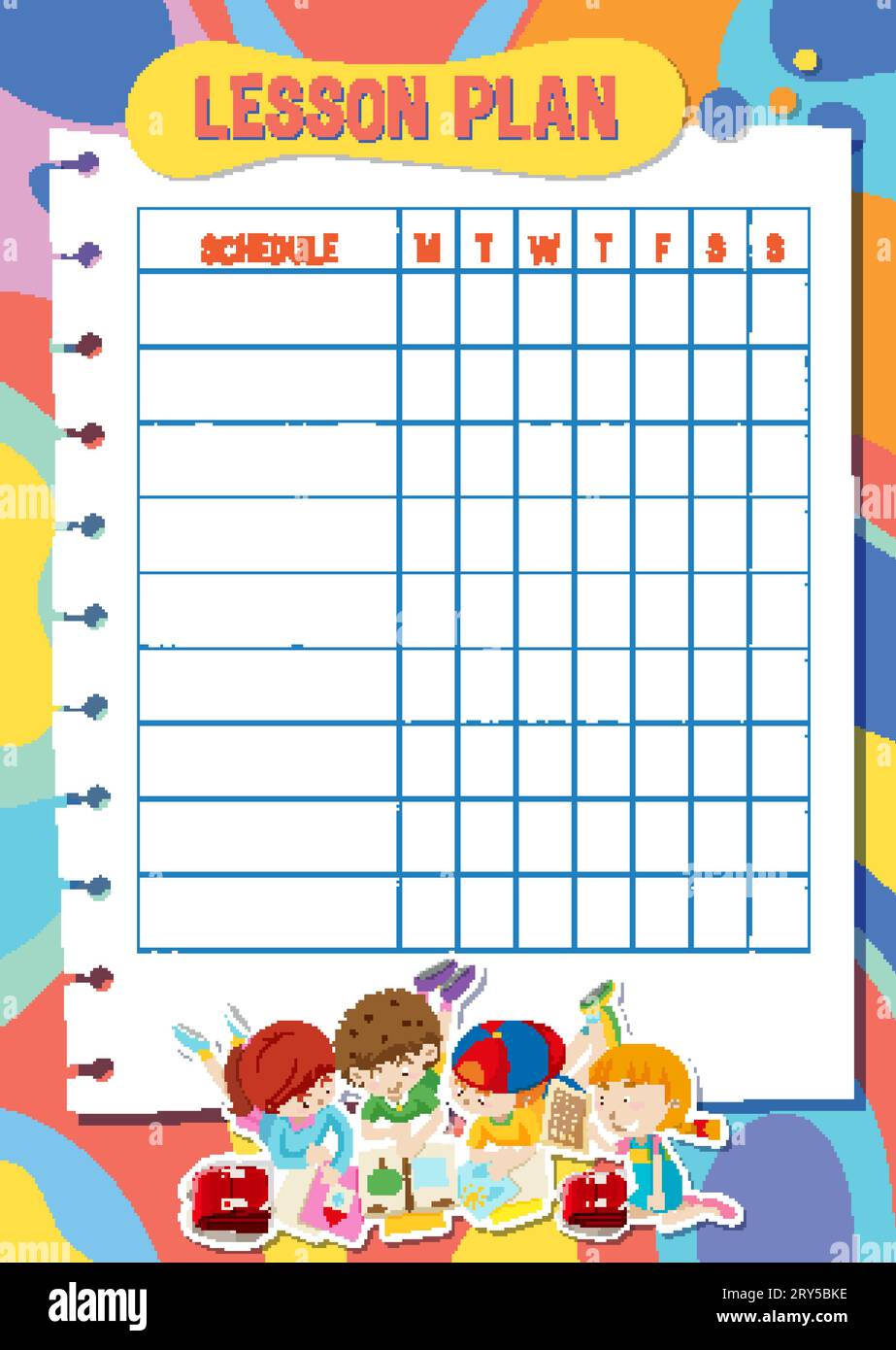 Colorful schedule template featuring student cartoon characters for ...