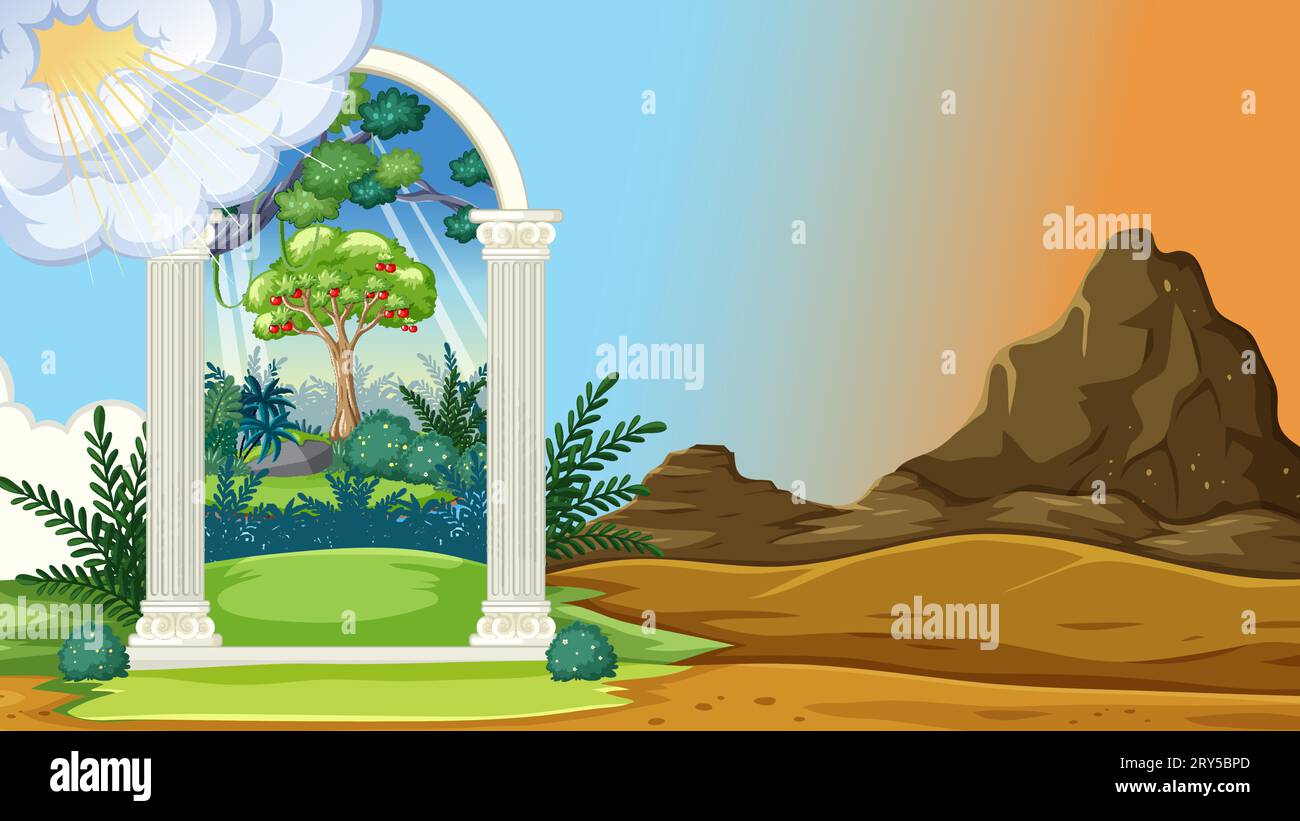 A vibrant and whimsical illustration of the Garden of Eden Stock Vector ...