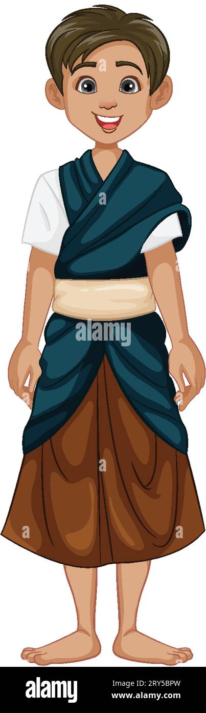 Colorful cartoon characters depict Southeast Asian men in traditional ...