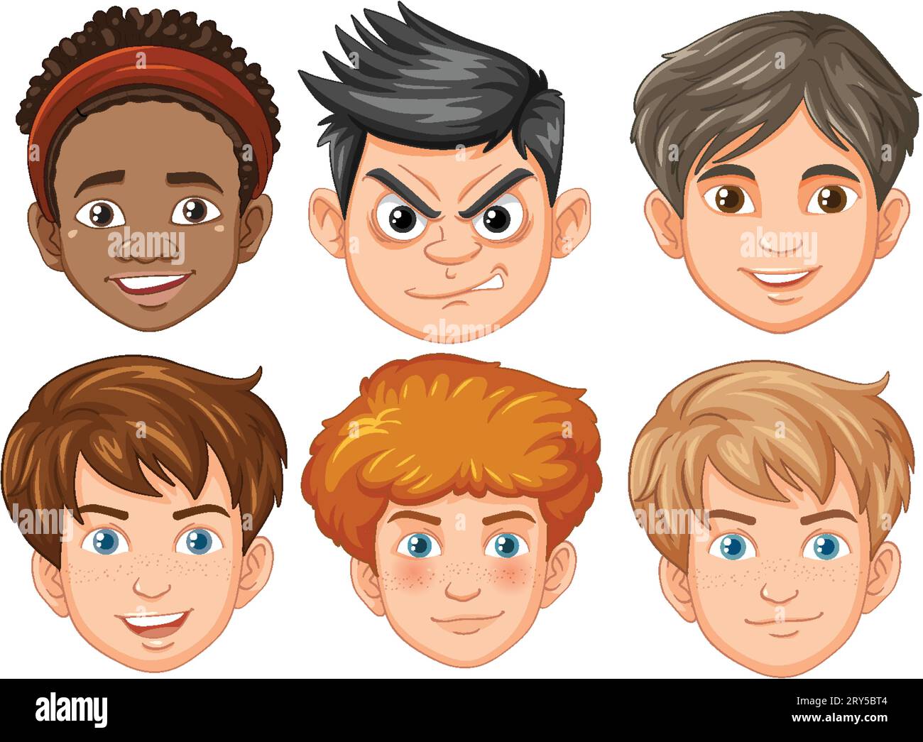 Vector cartoon illustration of boys displaying both neutral and angry ...