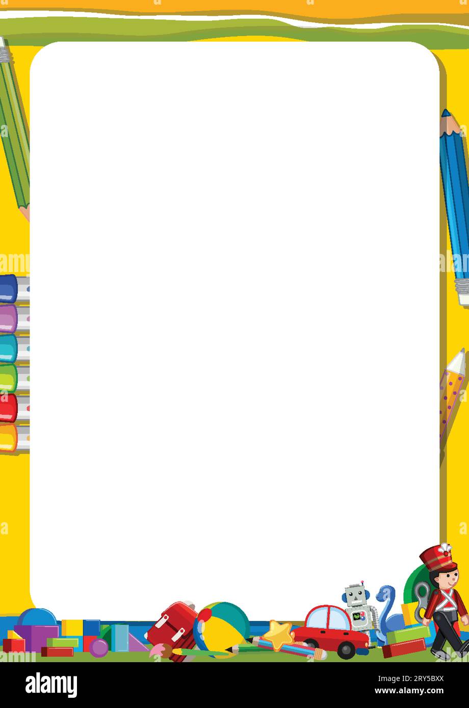 Colorful vector cartoon illustration of children's toys on a frame ...