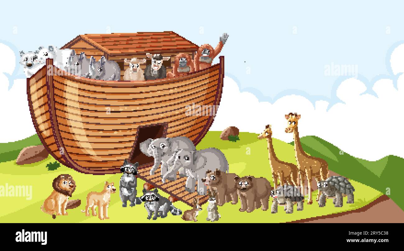 Illustration depicting the biblical story of Noah's Ark with numerous ...