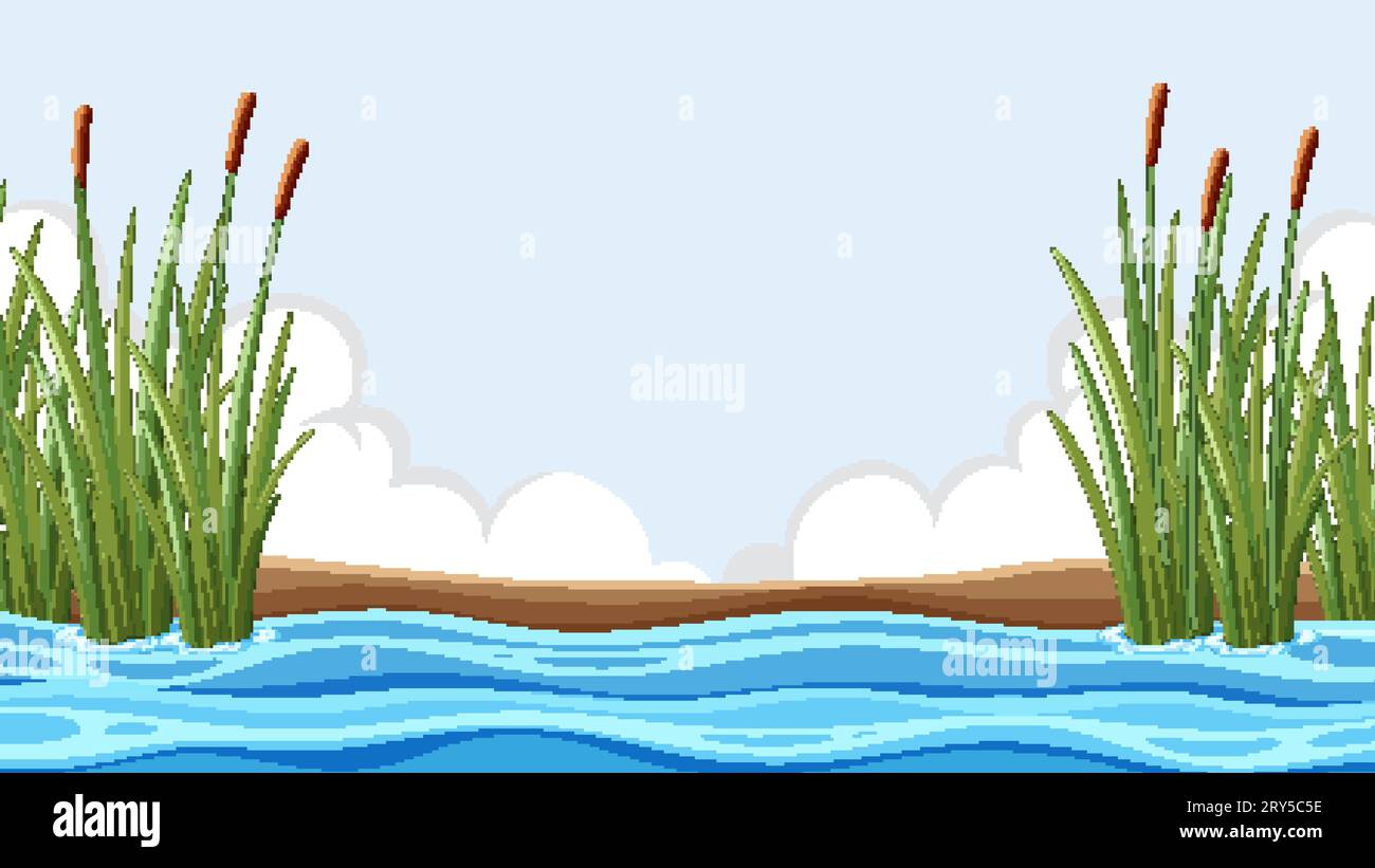Colorful cartoon illustration of cattail plants growing by the river ...