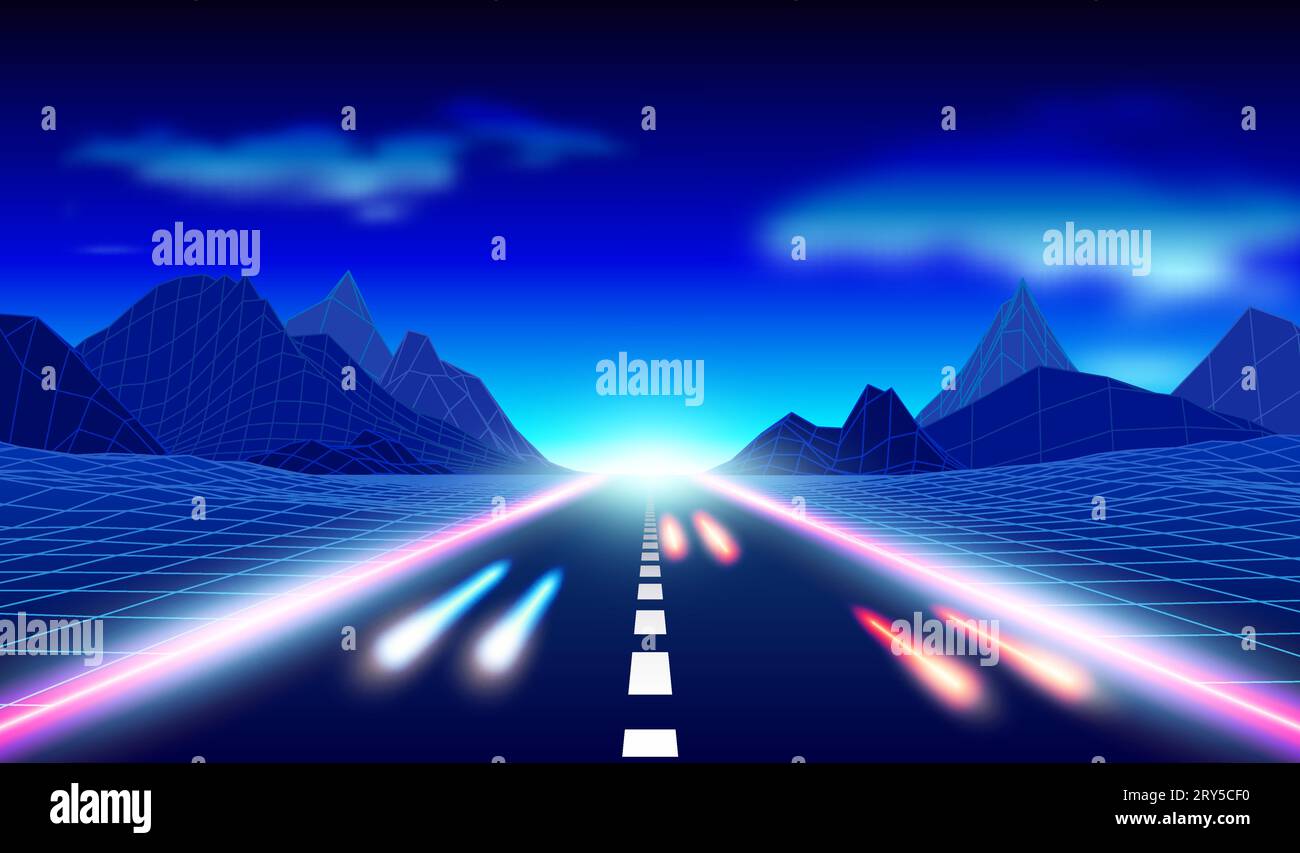 Neon road in the mountains in synthwave style. 80s styled highway to ...
