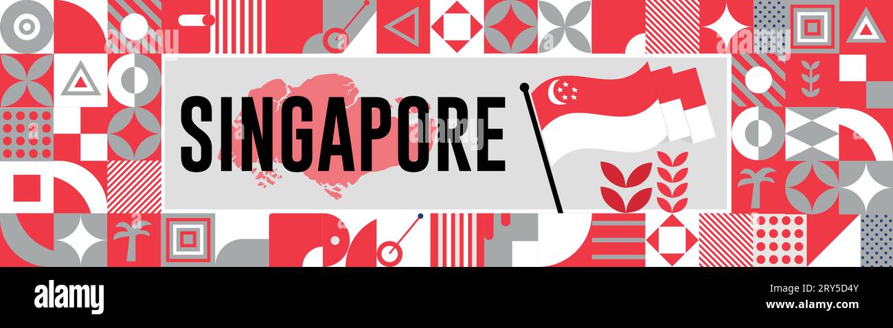 SINGAPORE national day banner with map, flag colors theme background ...