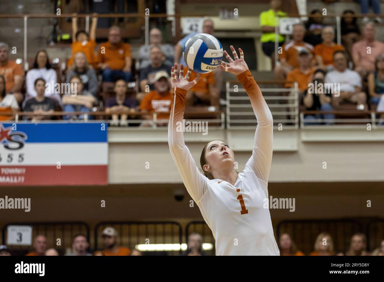 AUSTIN, TX - SEPTEMBER 28: Texas Longhorns setter Ella Swindle (1) sets ...