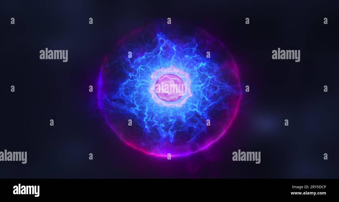 Abstract sphere atom with electrons flying glowing bright particles and ...