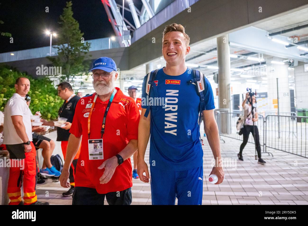 Karsten Warholm of, Norway. , . with his coach Leif Olav Alnes after ...