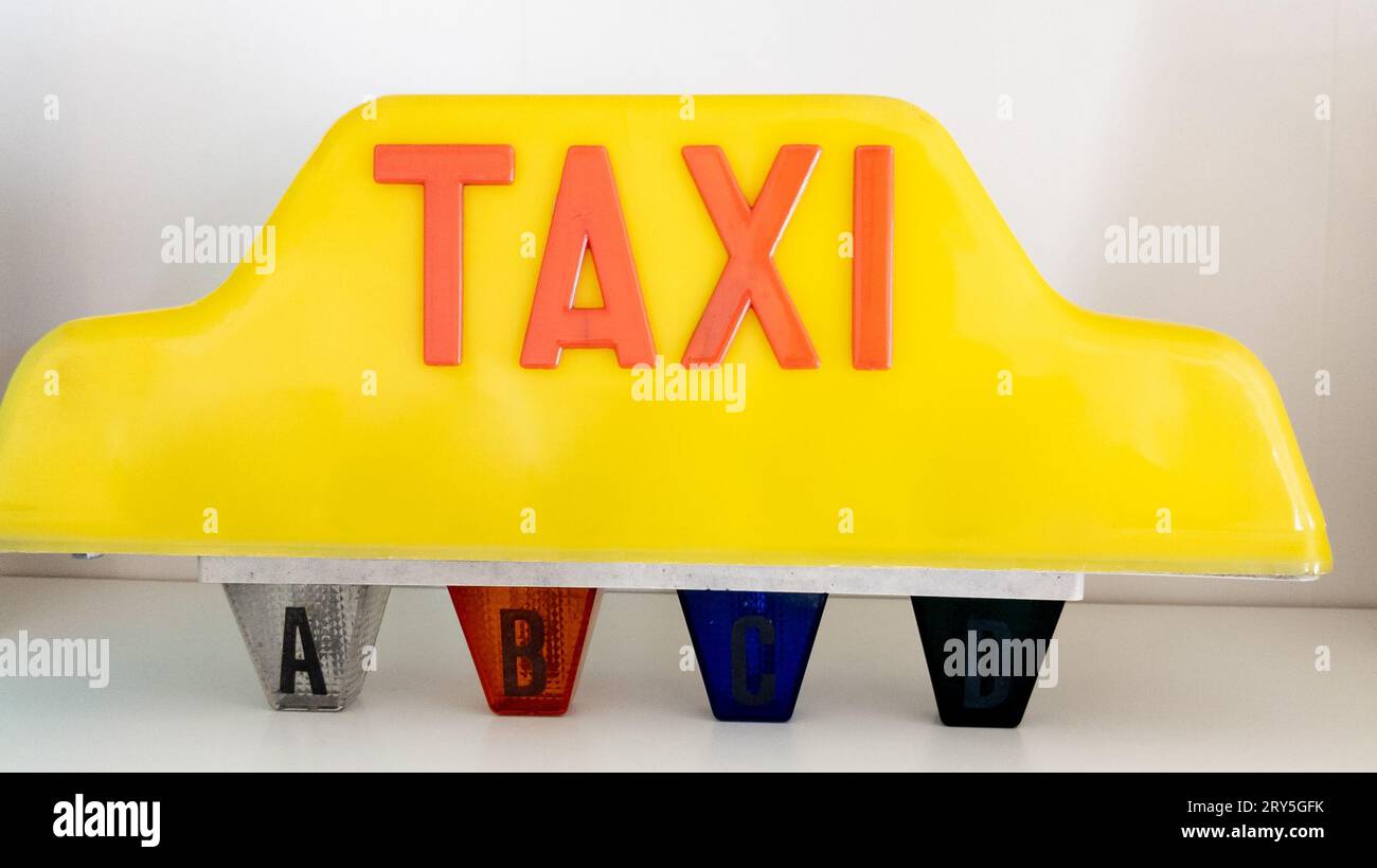 taxi roof sign top of car for hire in yellow plastic with a b c d bulb ...