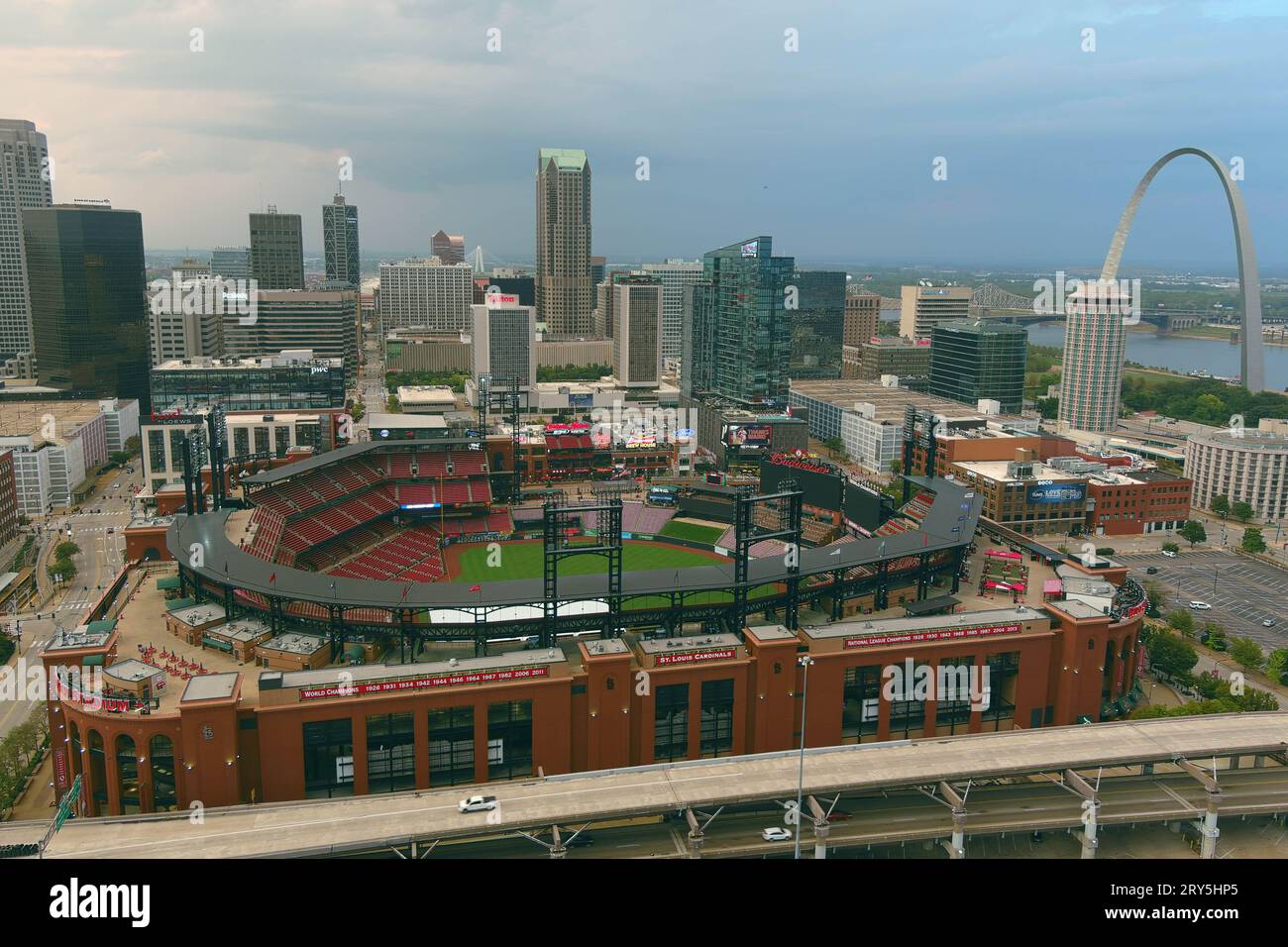 A general overall aerial view of Busch Stadium and the Gateway Arch ...