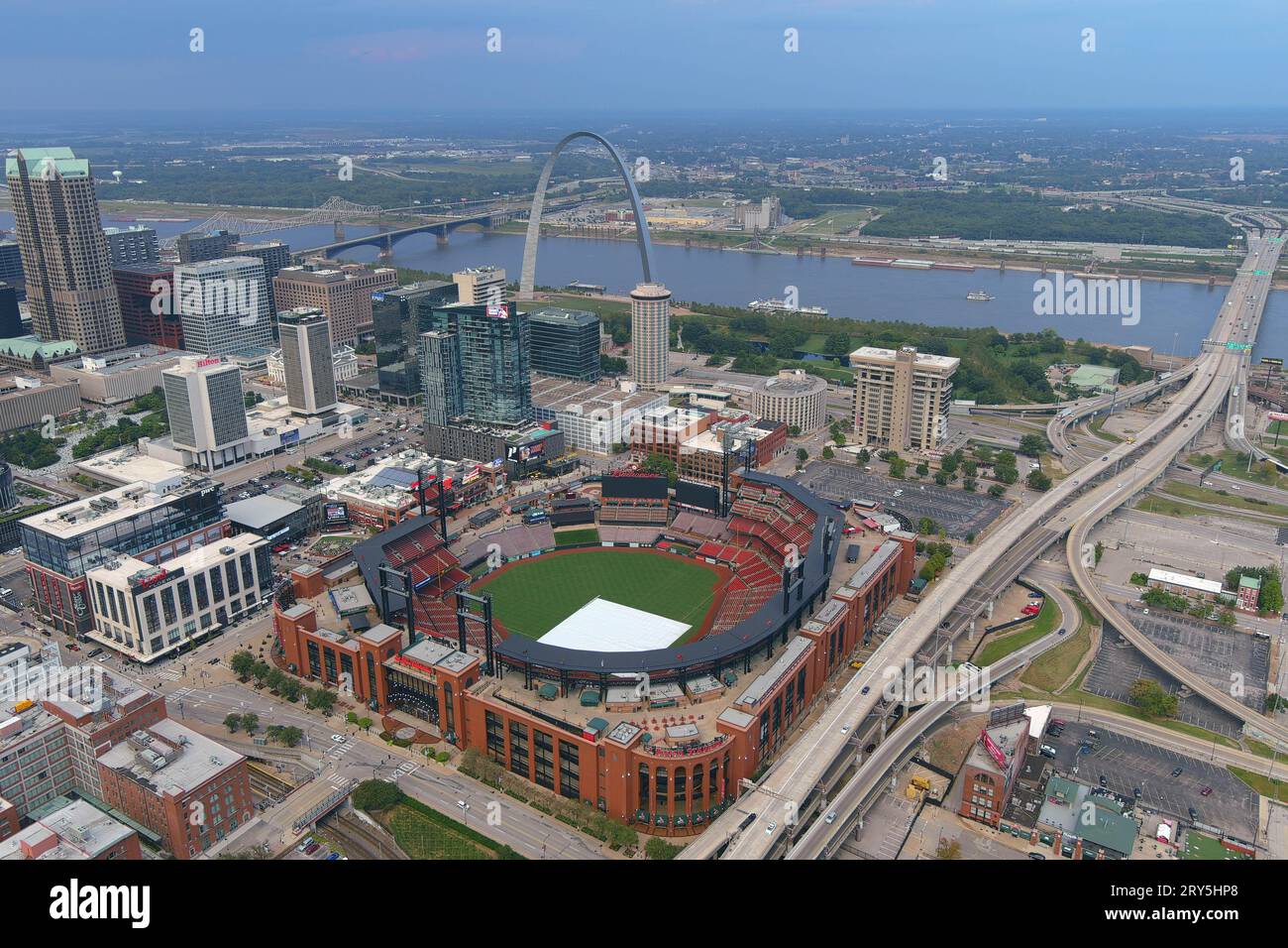 A general overall aerial view of Busch Stadium and the Gateway Arch ...