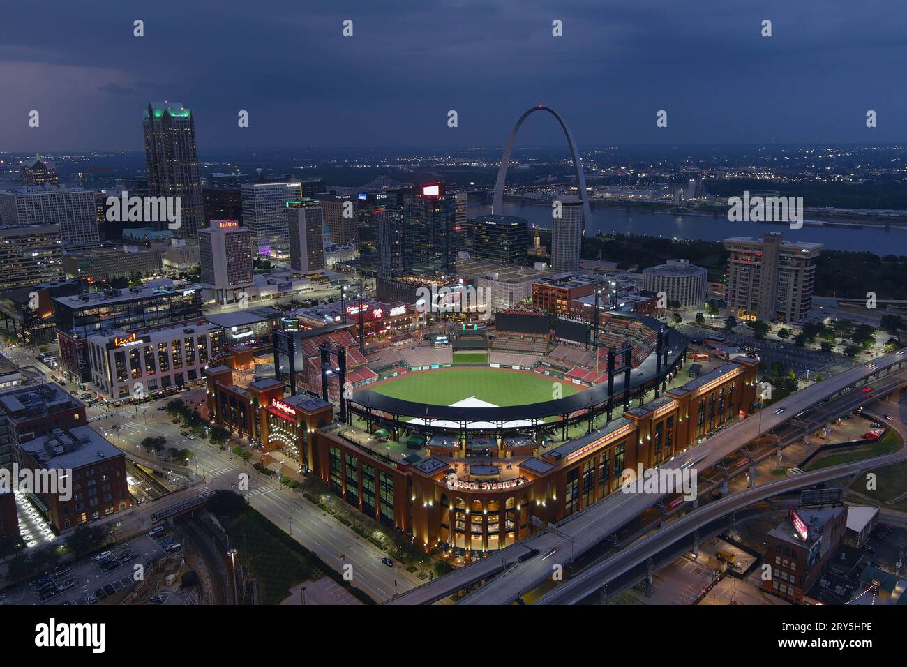 A general overall aerial view of Busch Stadium and the Gateway Arch ...