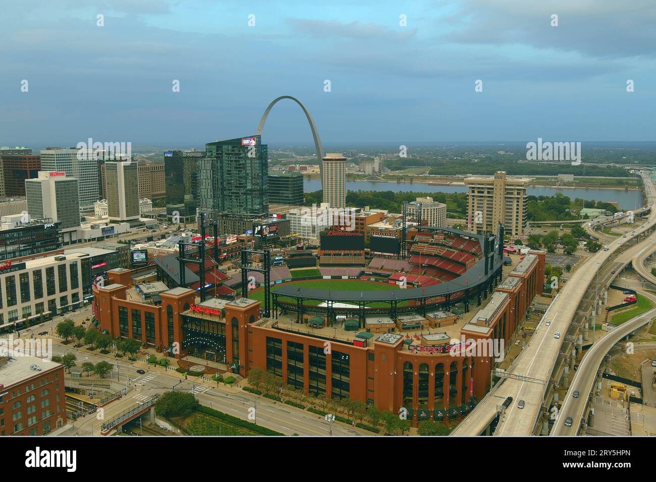 A general overall aerial view of Busch Stadium and the Gateway Arch ...